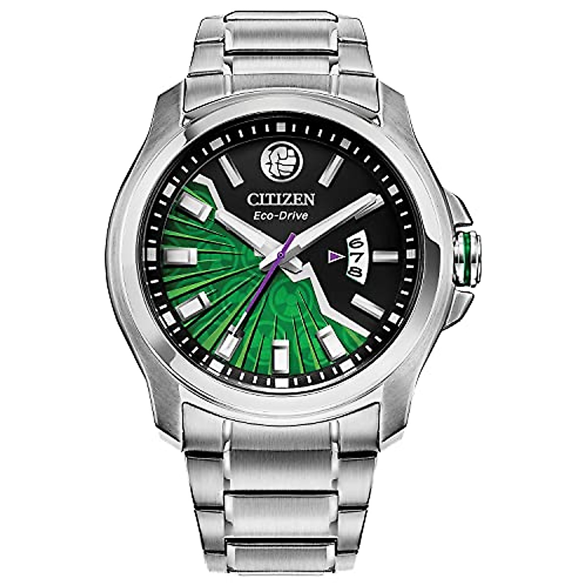 Citizen Eco-Drive Men's Marvel Hulk Stainless Steel Watch, Black and Green Dial, Luminous, 3-Hand Date, 43mm (Model: AW1351-56W)