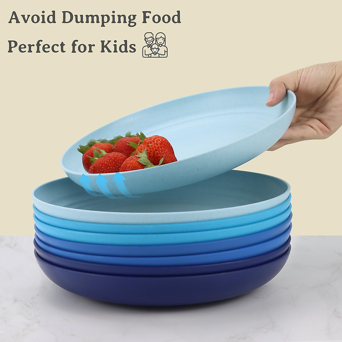 Wheat Straw Salad Plates - 9 Inch Unbreakable Dinner Plates Set of 8 - Dishwasher & Microwave Safe Plastic Plates Reusable - Lightweight Plates for kitchen,camping (Ocean)