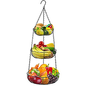 Home Intuition 3-Tier Hanging Fruit Product Basket with Heavy Duty Wire and 2 Metal Ceiling Hooks, Round, Black