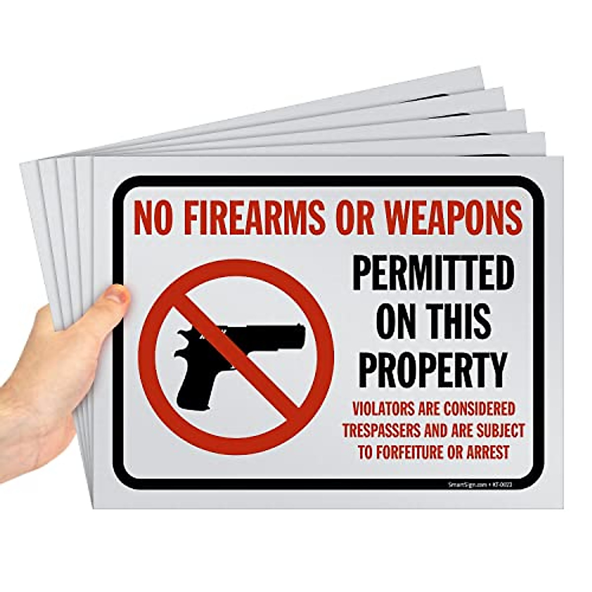 SmartSign (Pack of 5) 9 x 12 inch “No Firearms Or Weapons Permitted On This Property” Sign, Screen Printed, 10 mil Polystyrene Plastic, Red/Black on White