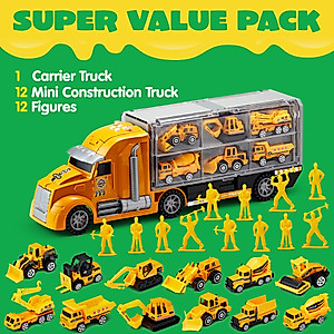 JOYIN 25 in 1 Construction Truck Vehicle Toy Set, Play Vehicles Set with Sounds and Lights in Carrier Truck, Push and Go Vehicle Car Toy, Kids Birthday Gifts for Over 3 Years Old Boys