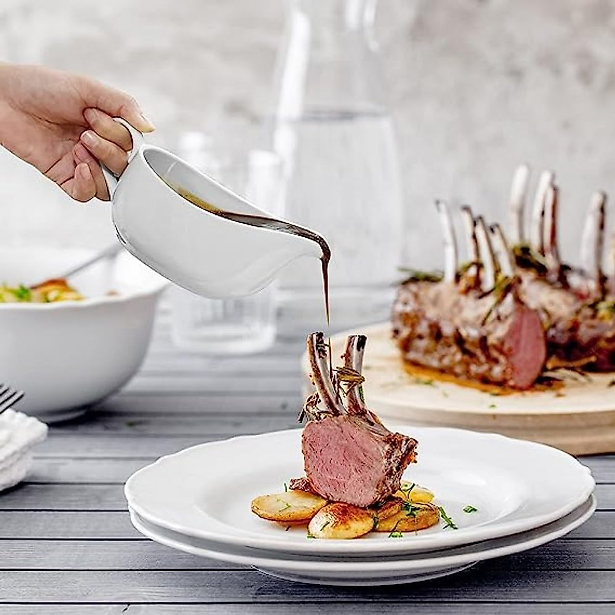 Qlans Gravy Boat With Ladle and Saucer 17 Oz,Ceramic Sauce Boat with Tray for Salad Dressings Milk,Warming Sauces,Creamer,Broth,Black Pepper,White (1 PCS New Gravy Boat With Ladle and Saucer)