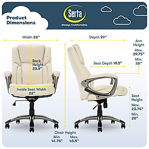 Serta Garret Executive Office, Adjustable Ergonomic Computer Chair with Layered Body Pillows, Waterfall Seat Edge, Bonded Leather, High-Back, Ivory White