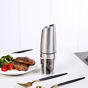 AVNICUD Electric Salt and Pepper Grinder, Automatic Pepper Mill, Gravity Salt Grinder, Battery-Operated with Adjustable Coarseness, LED Light, One Hand Operated (Silver 2Pack)