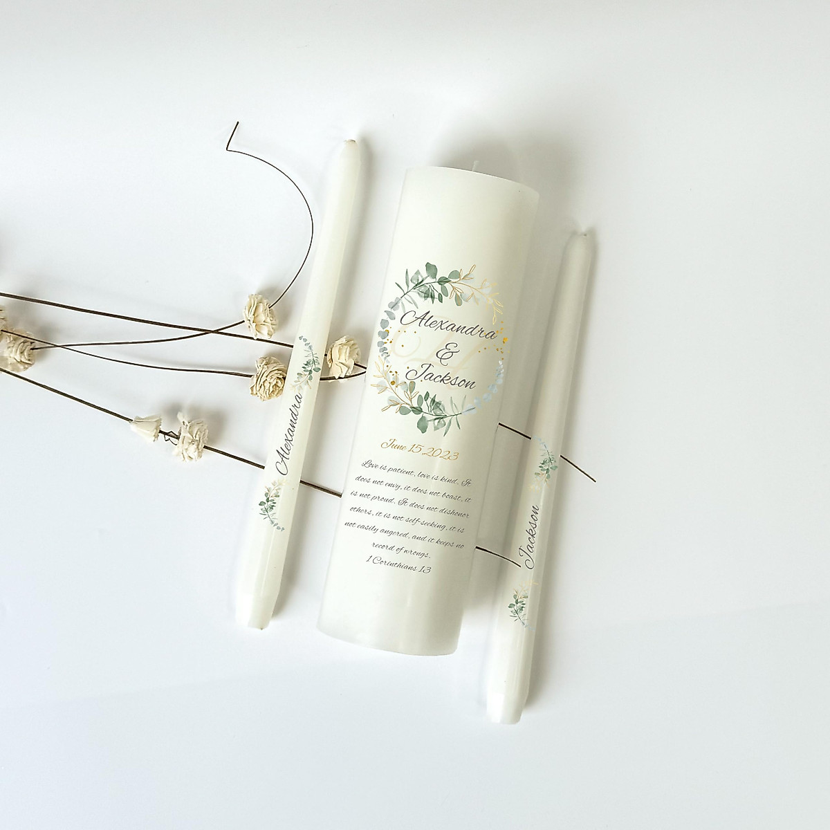 Unity Candles for Wedding, Unity Set, Custom and Personalized Pillar and Taper Candles with Bible Quote, Unscented White Premium Wax, Religious and Wedding Ceremony, Special Events (Zinnia)