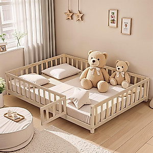 Harper & Bright Designs Floor Bed Full Size Montessori Bed Frame with Fence and Door, Wooden Full Platform Bed for Kids, Boys Girls, Slats Included, No Box Spring Needed, Natural