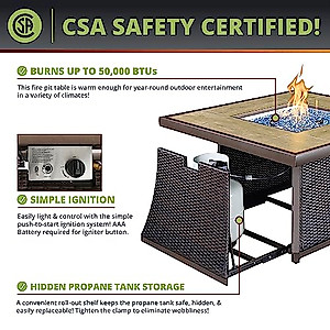 Kinger Home Elio Rattan 42-Inch Outdoor Patio Propane Gas Fire Pit Table with Tile Tabletop, CSA Certified 50,000 BTU Firepit, Brown Aluminum Frame