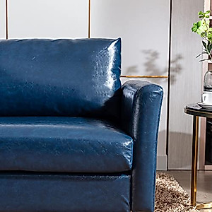 Dreamsir 80'' Faux Leather Sofa Couch, Mid-Century Modern Sofa with Solid Wooden Frame & Padded Cushions, 3-Seater Couch for Living Room, Apartment, Lounge Room (Blue)