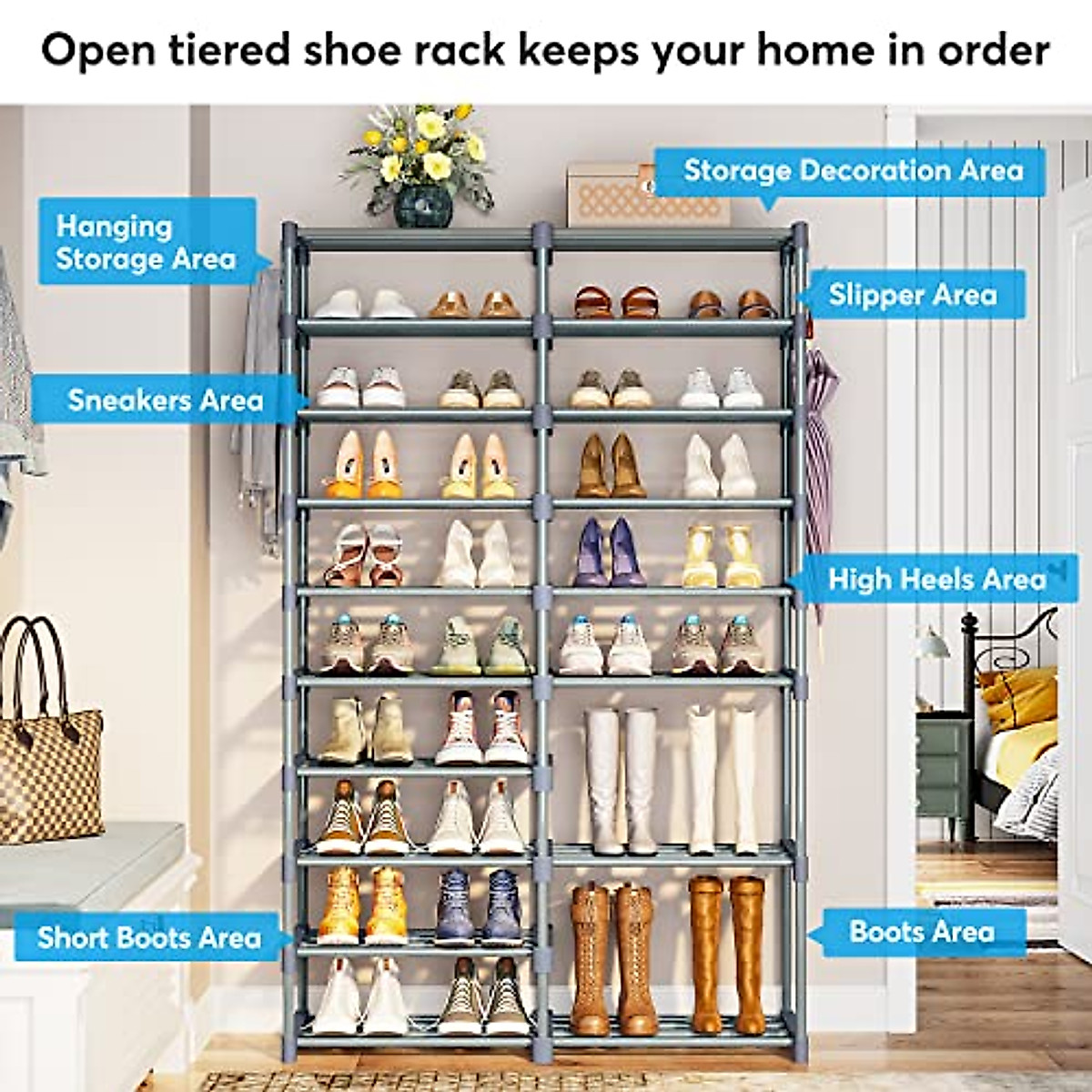 Tribesigns Shoe Rack Organizer, 36-44 Pairs Shoe Storage Shelf, 10 Tiers Shoe Stand, Shoe Rack for Closet, Boot Organizer with 2 Hooks, Stackable Shoe Tower