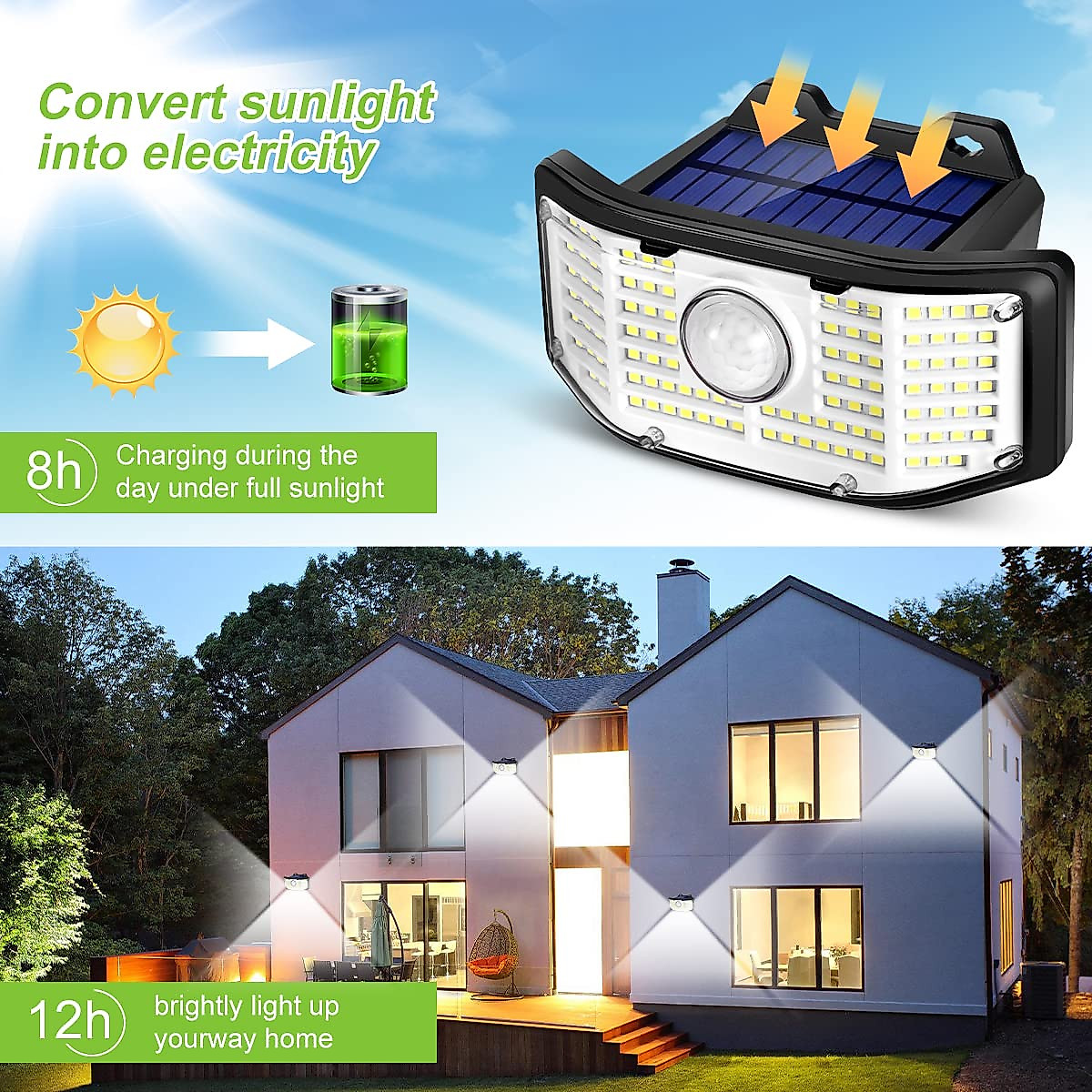 TWINSLUXES Solar Outdoor Lights, 3 Lighting Modes Solar Motion Sensor Security Lights, Solar Flood Lights 270°Wide Angle, IP65 Solar Wall Lights,Suitable for Front Door, Yard, Garage, Deck 4 Pack