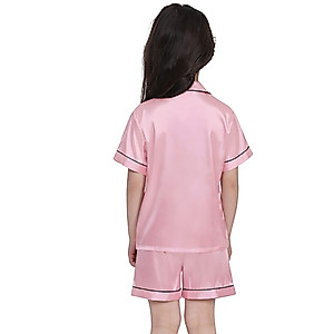 SWOMOG Kids Satin Pajamas Sets Girls Boys Button-Down Pjs Short Sleeve Silk Nightwear 2 Piece Lounge Sets Pink