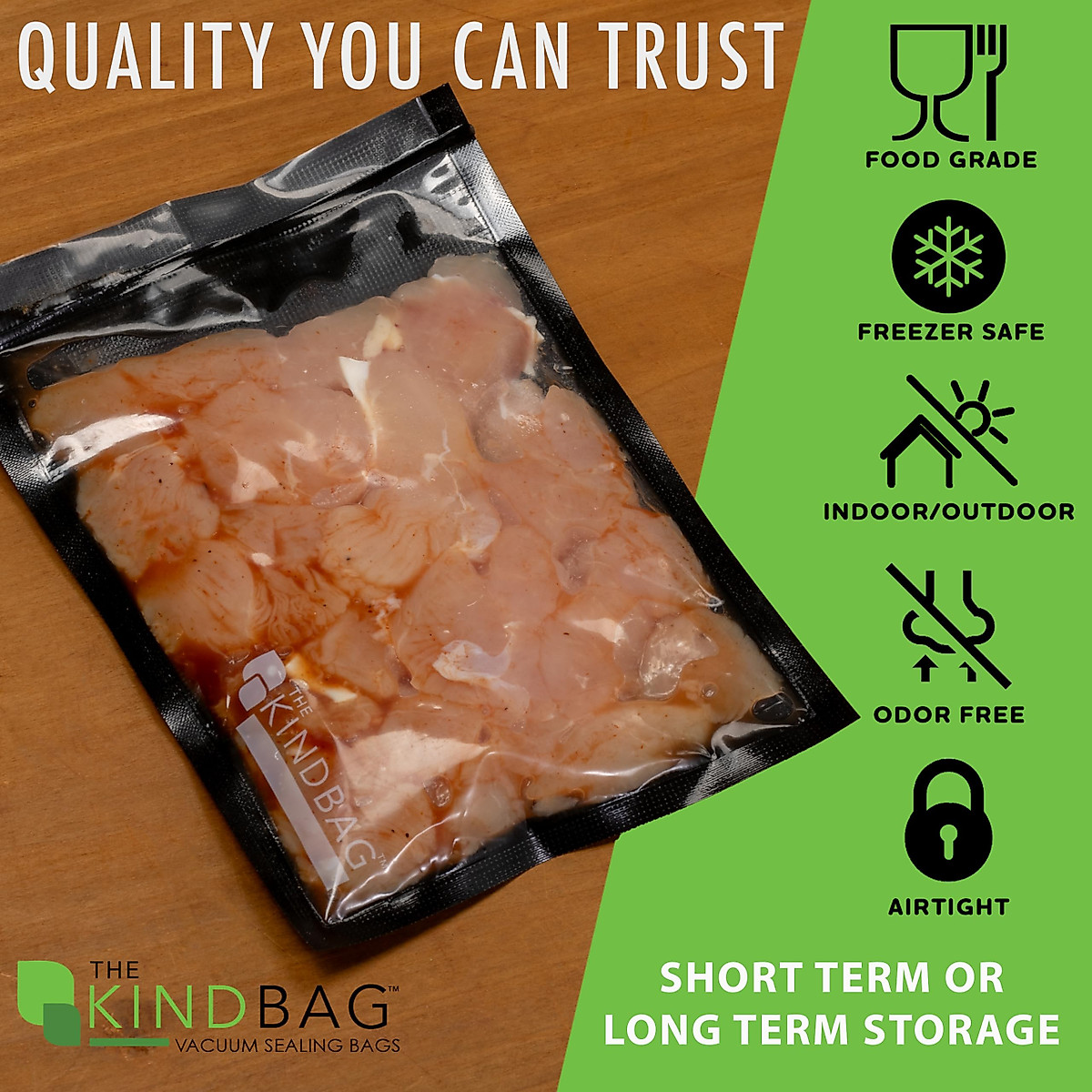 The Kind Bag Vacuum Seal Bags for Food; Food Grade, BPA Free & Freezer Safe; Airtight, Odor Free and Moisture Free; Commercial Grade 3mil Clear & Black; 8x12 inch Pre Cut Bags (100ct)
