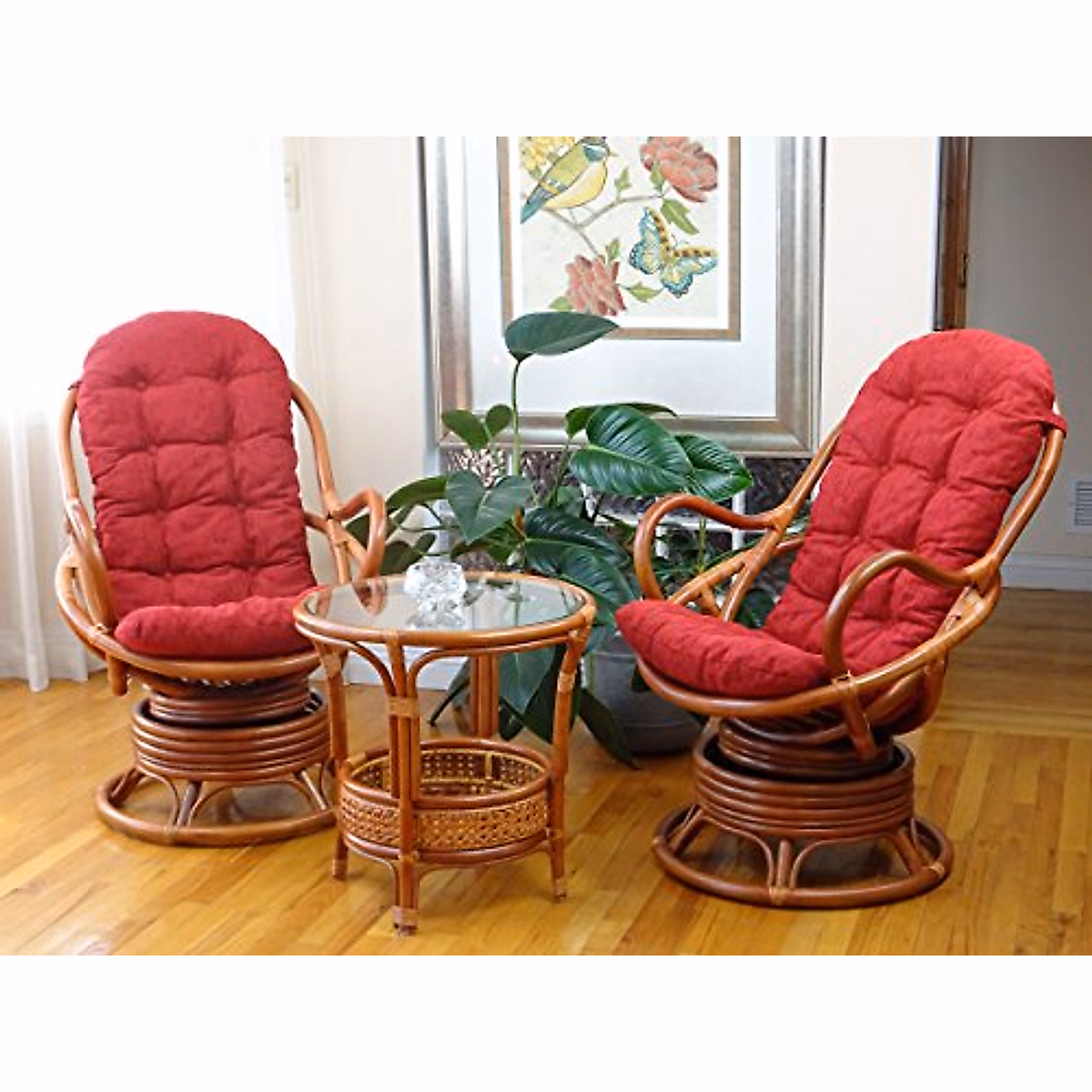 Lounge Swivel Rocking Rattan Wicker Java Chair w/Red Cushion, Colonial Color