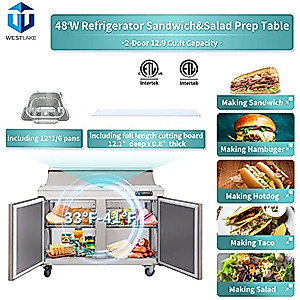 WESTLAKE 48" W 2 Door Refrigerator Sandwich&Salad Prep Table Commercial Stainless Steel Counter Fan Cooling Refrigerator with 12 pans-48 Inches for Restaurant, Bar, Shop, etc