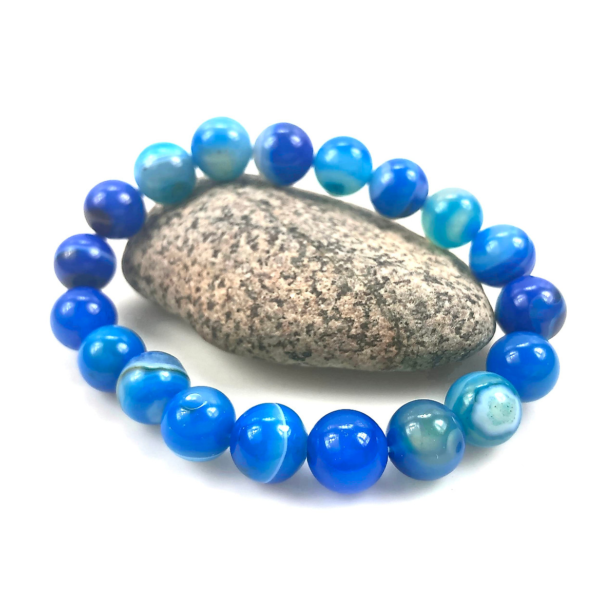 PURPLE WHALE Botswana Agate Stone Bracelet for Women, Men | Round Beads Stretch Adjustable Bracelet for Meditation, Yoga (Blue)