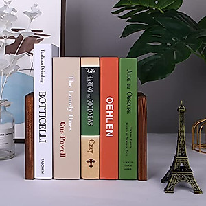 SHELLMARK Wood Bookends, Home Office Book Stand, Heavy Metal Base (Carbonized Brown)