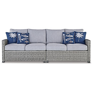 Signature Design by Ashley Naples Beach Casual Outdoor Right and Left-arm Facing Loveseat with Cushion and 4 Throw Pillows, Set of 2, Light Gray