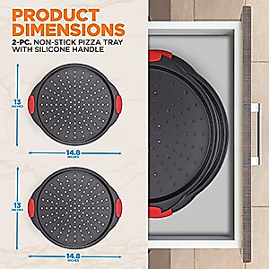 NutriChef 2-Piece 13-Inch Nonstick Pizza Tray, Round Carbon Steel Non-Stick Pizza Baking Pan with Perforated Holes, Premium Bakeware Pizza Screen with Silicone Grip Handles, Dishwasher Safe, NCBPIZX2