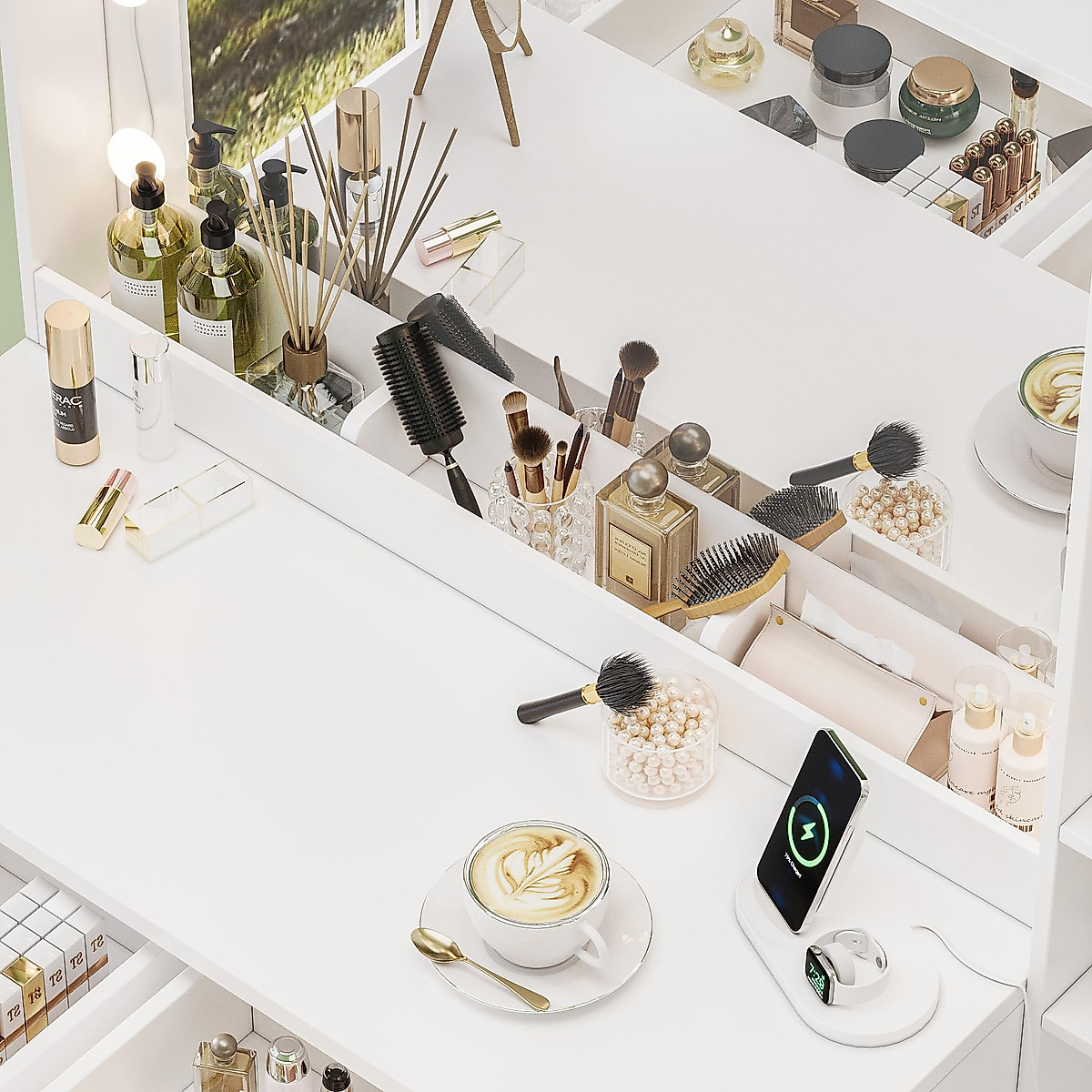 35.4" Makeup Vanity Desk with Charging Station, White Makeup Dressing Table with Mirror & Lights, 3 Lighting Modes Adjustable Brightness, Vanity Table with Power Outlet &5 Drawers Gold Handle