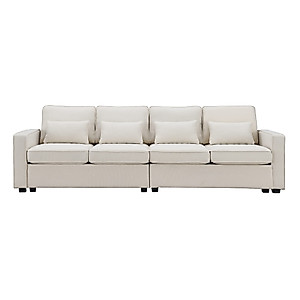 JHACOKO 4-Seater Modern Linen Fabric Sofa with Armrest Pockets and 4 Pillows, Minimalist Style Couch for Living Room, Apartment, Office, Beige