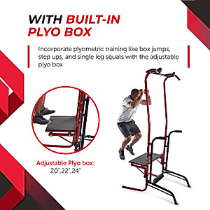 Stamina Power Tower w/Smart Workout App - Pull Up Bar Dip Station for Home Gym Strength Training Workout Equipment, Red/Black