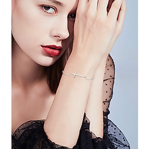 Sllaiss 925 Sterling Silver Sideways Cross Bracelet for Women Religious Chain Bracelet Christian Faith White Gold Plated Adjustable (Silver)