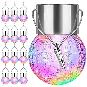 12Pack Outdoor Hanging Solar Lights - Cracked Glass Solar Lights Waterproof LED Decorative Ball Lights Tree Solar Powered Globe Lights with Hook for Garden Yard Fence Christmas Decoration, Multicolor