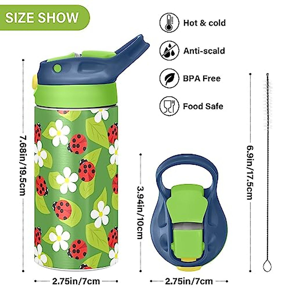 ALAZA Ladybug White Floral Kids Water Bottles with Lids Straw Insulated Stainless Steel Water Bottles Double Walled Leakproof Tumbler Travel Cup for Girls Boys Toddlers 12 oz,Green