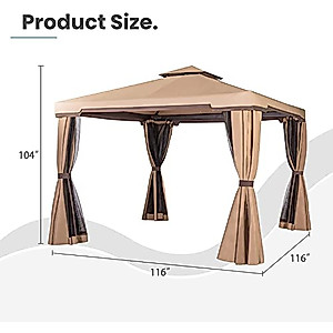 SUNCROWN 10 x 10 FT Outdoor Gazebo for Patio Aluminum Frame Garden Permanent Gazebo with Vented Soft Canopy and Mosquito Netting, Khaki