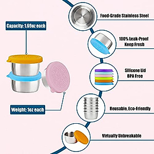 MeetUhome Salad Dressing Container To Go 6 x 1.69 oz Set, Reusable Stainless Steel Condiments Containers with Lids Mini Dips Sauce Cups for Kids Lunch Bento Box Leak-Proof Travel Small Food Storage