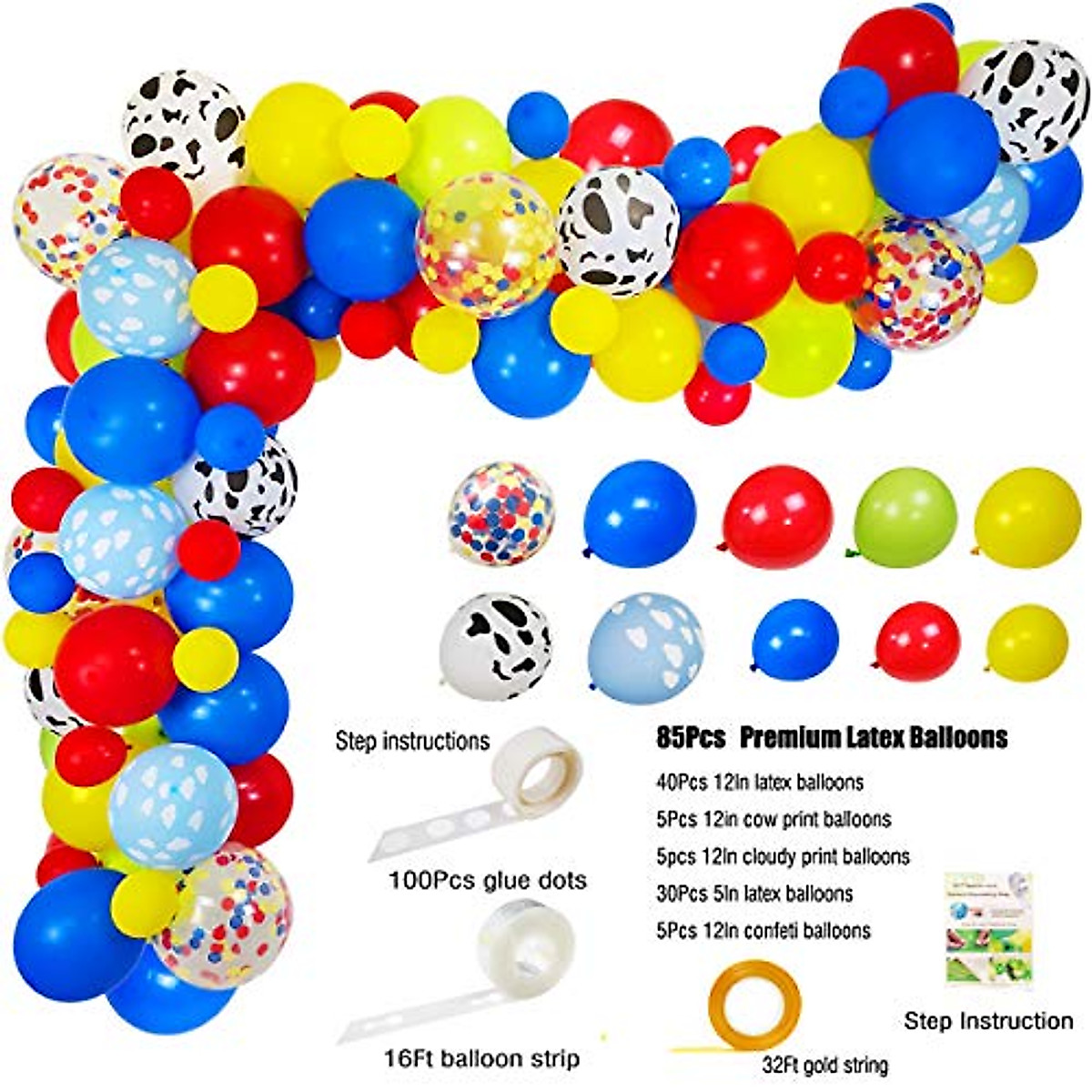 Toy Inspired Story Balloon Arch & Garland Kit, 85 Pack 12" 5" Cloud Cow Print Balloons Red Yellow Blue Fruit Green Latex Balloons Confetti Balloon Set for Baby Shower Kids Birthday Party Decorations