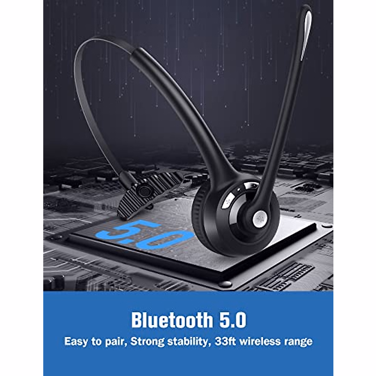 Calhuber Wireless Truck Driver Cell Phone Headset with Microphone, cVc6.0 Noise Cancelling for Clear Call, Bluetooth 5.0, Up Black