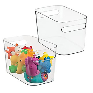 mDesign Plastic Toy Box Storage Organizer Tote Bin with Handles for Child/Kids Bedroom, Toy Room, Playroom - Holds Action Figures, Crayons, Building Blocks, Puzzles, Crafts - 10" Long, 2 Pack - Clear