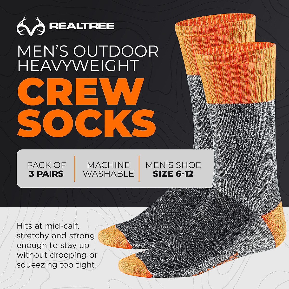 Realtree Thermal Socks for Men - 3 Pack Heavy Weight thermal Crew Sock - Thick Insulated Socks, Winter Accessories for Boots (US, Numeric, 6, 12, Regular, Regular, Orange)