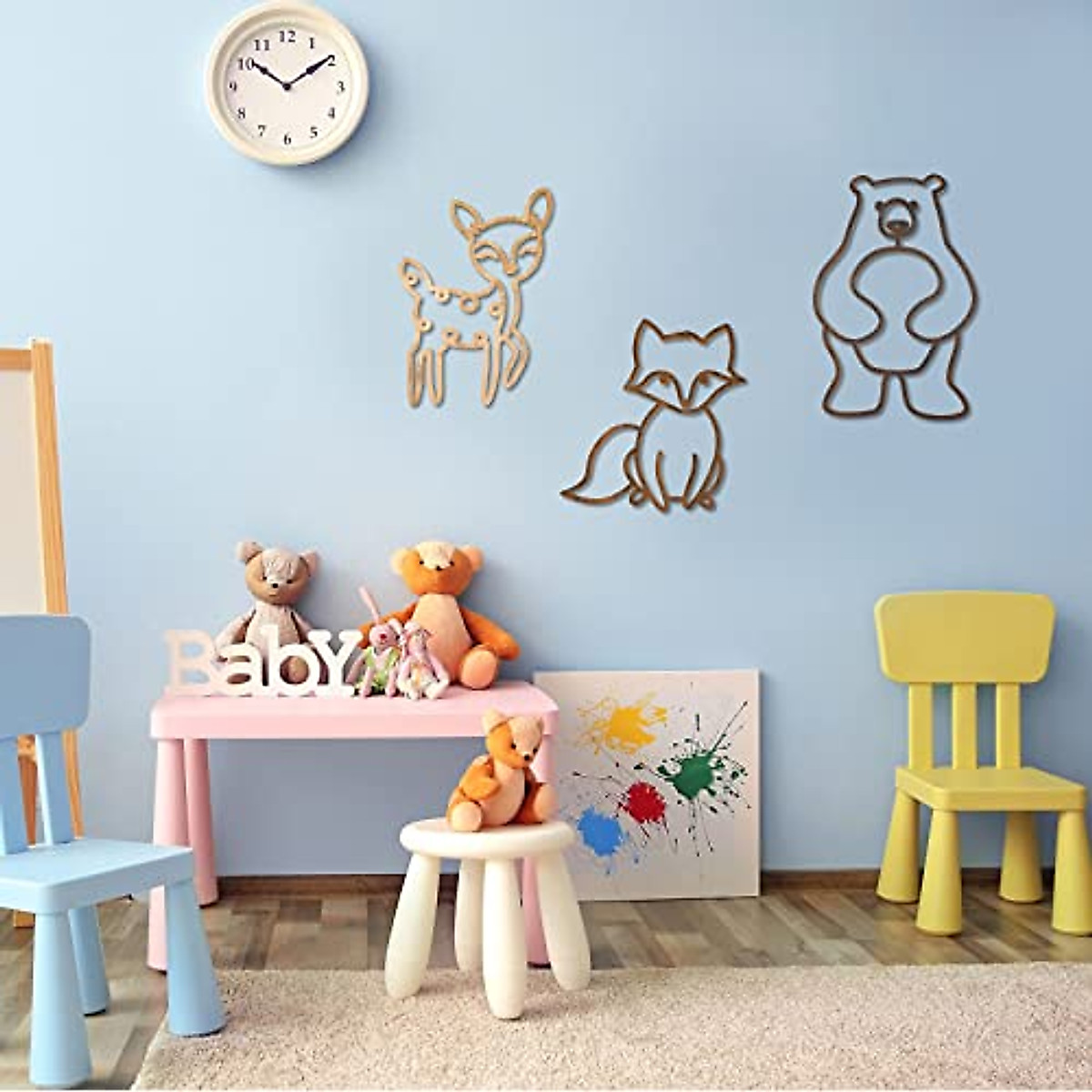 Yulejo Woodland Nursery Decor 3 Pieces Wooden Animal Theme Wall Decor Nursery Jungle Wall Art Geometric Safari Wall Decor Jungle Decor with Glue Points for Themed Room (Deer, Bear, Fox)