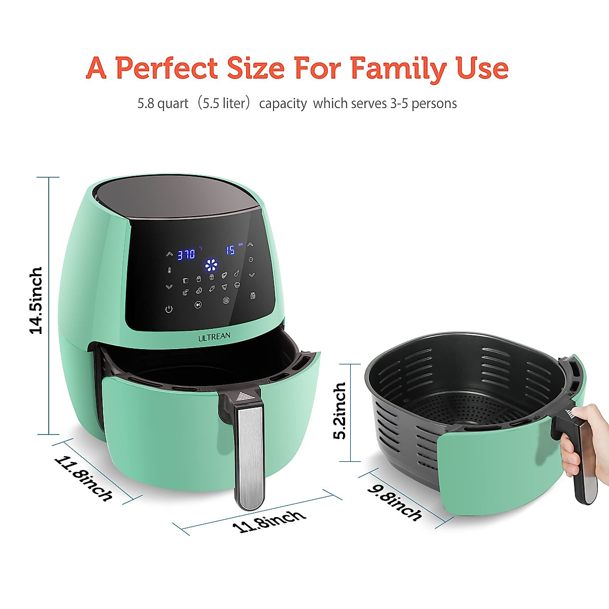 Ultrean 5.8 Quart Air Fryer, Large Family Size Electric Hot Air Fryers Oilless Cooker with 10 Presets, Digital LCD Touch Screen, Nonstick Basket, 1700W, UL Listed (Green)