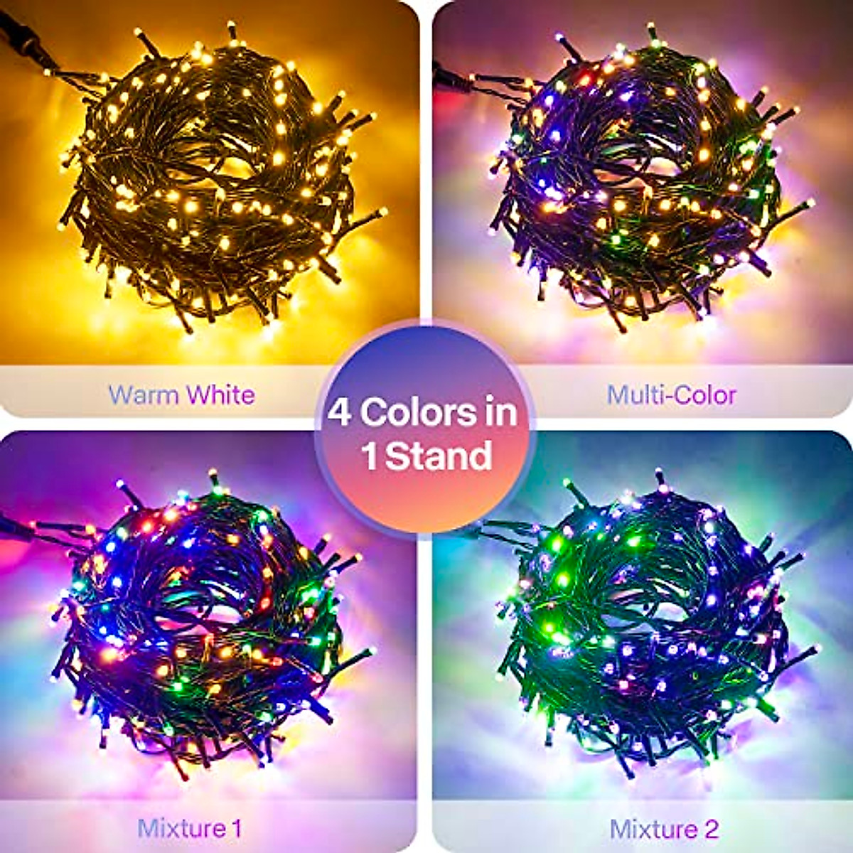 Beauhom Extentable Lightchain 300LED 98ft 8 Modes Green Wire Warm White & Multi-Colored Connectable Plug in UL Transformer Outdoor Use Christmas Tree Light Party Garden Patio Decoration
