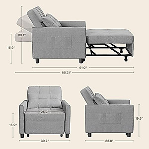 Convertible Sleeper Sofa Chair Bed, 3-in-1 Single Convertible Chair Bed, Adjustable Chair with Pillow and Pocket, Multi-Functional Sleeper Chair with Modern Linen Fabric for Apartment, Light Gray