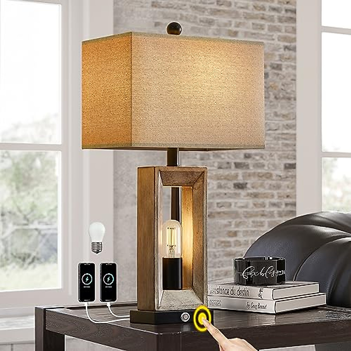 G-SAFAVA 25&quot; Farmhouse USB C+A Charging Ports 3-Way Dimmable Touch Control Brown and Black Table Lamp with Nightlight Vintage Modern Lamps for Living Room Bedroom Hotel(2 Bulbs Included)