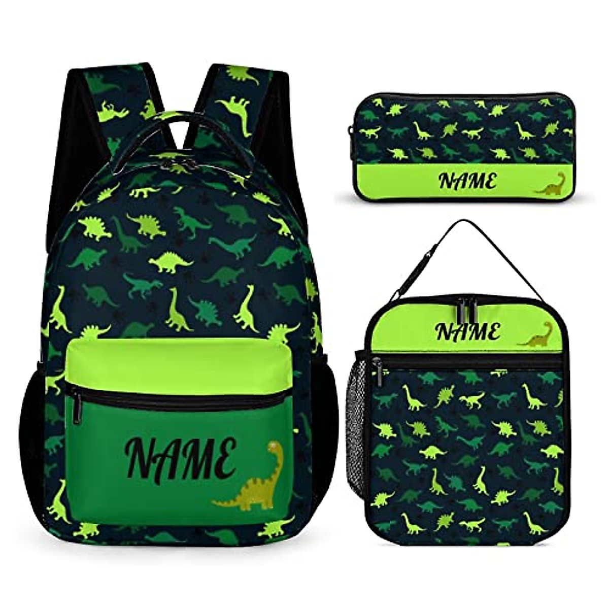Mrokouay Custom Green Dinosaur School Backpack Set 3 IN 1 Personalized Add Your Name Backpack with Insulated Lunch Bag Pencil Case, Customized Lightweight Kids Bookbag Girls Boys Casual Daypack