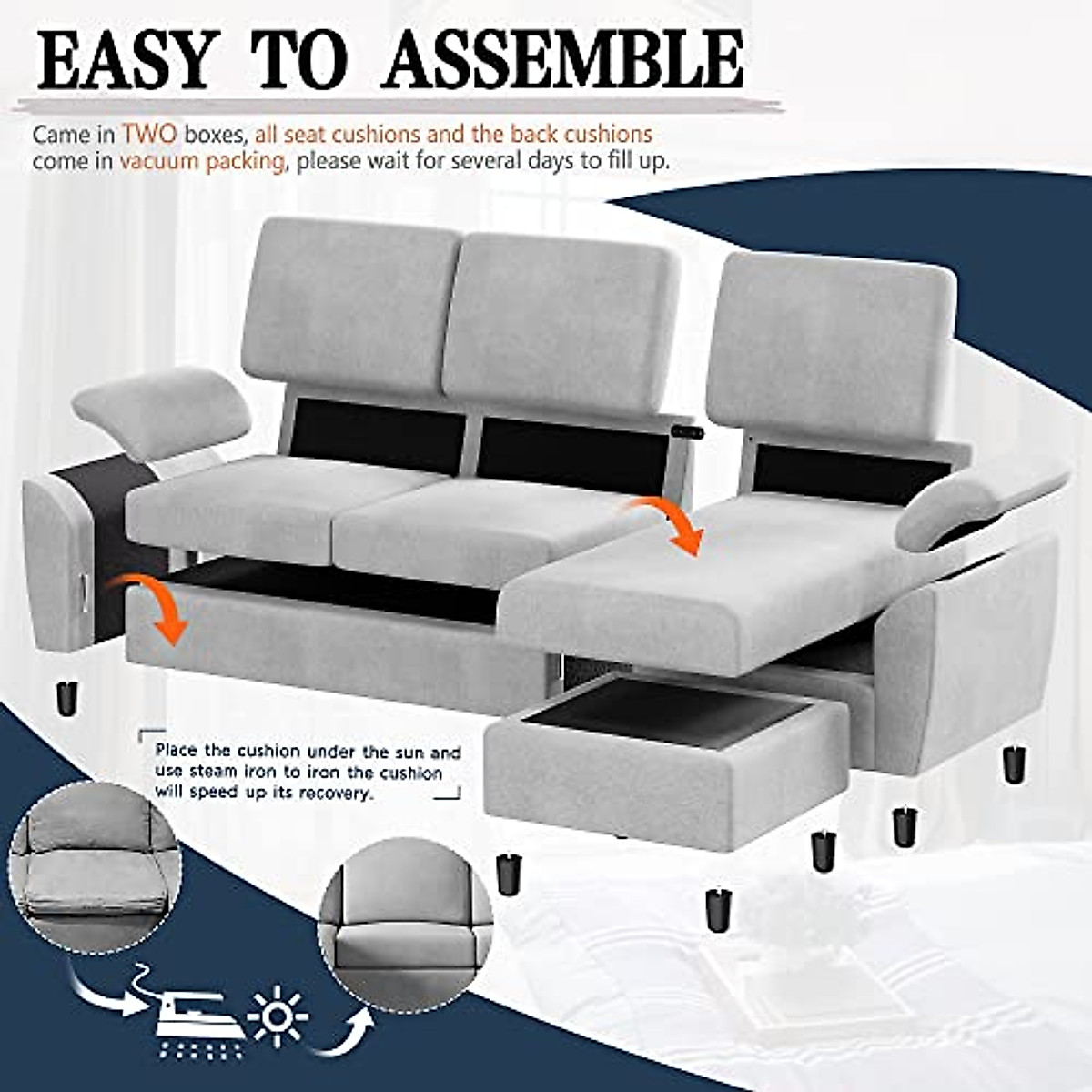 Meilocar Sofa Couch, 79" Sectional Convertible L Shaped Couch with Reversible Ottoman, 3-Seat Sofa Sectional with Removable Armrest for Living Room, Apartment, Small Space, Light Grey