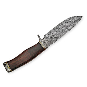 SFG - 11" Fixed Blade Hunting Knife, Damascus Steel Blade, Non-Slip Walnut Wood Handle, Lanyard Hole, Leather Pouch, Hunting, Camping, Backpacking, Fishing, Unique Gift Item For Men