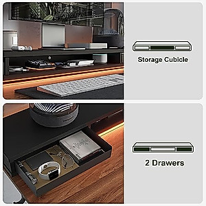 BANTI 55" × 26" Electric Standing Desk with Monitor Stand, Height Adjustable Table with LED Strips, Ergonomic Home Office Furniture with 2 Drawers Storage, Black Walnut Top