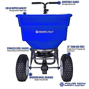 EarthWay Polar Tech 90399 100 LB Professional Ice Melt Broadcast Walk Behind Spreader with 13" Pneumatic Tires, Adjustable Handle, and Solid Linkage Control