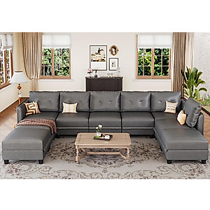 LLappuil Modular Sectional Sofa with Reversible Chaise, U Shaped Couch with Storage, Modern Faux Leather Fabric Sofa with Ottoman, Oversized Sectionals for Living Room, 9 Seat, Dark Grey