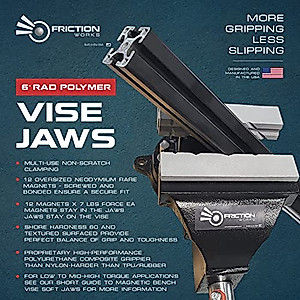 FRICTIONWORKS Vise Jaws - 6" Made in USA Pro Grade Multipurpose Reversible Bench Vise Soft Jaws – N48 Magnets, Reinforced Polyurethane. Shore hardness 60-D for multi-use non-scratch clamping