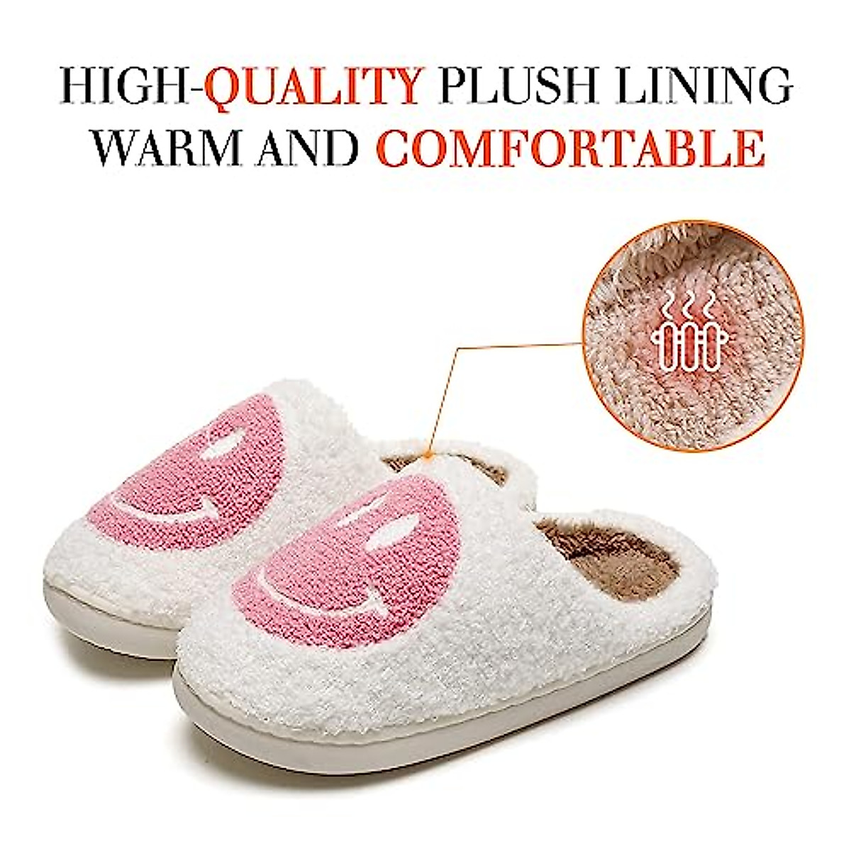 Smiley Face Slippers for Women, Cozy Smiley Slippers Fluffy Retro Preppy Slippers Comfy Happy Face Slippers Soft Slippers for Women
