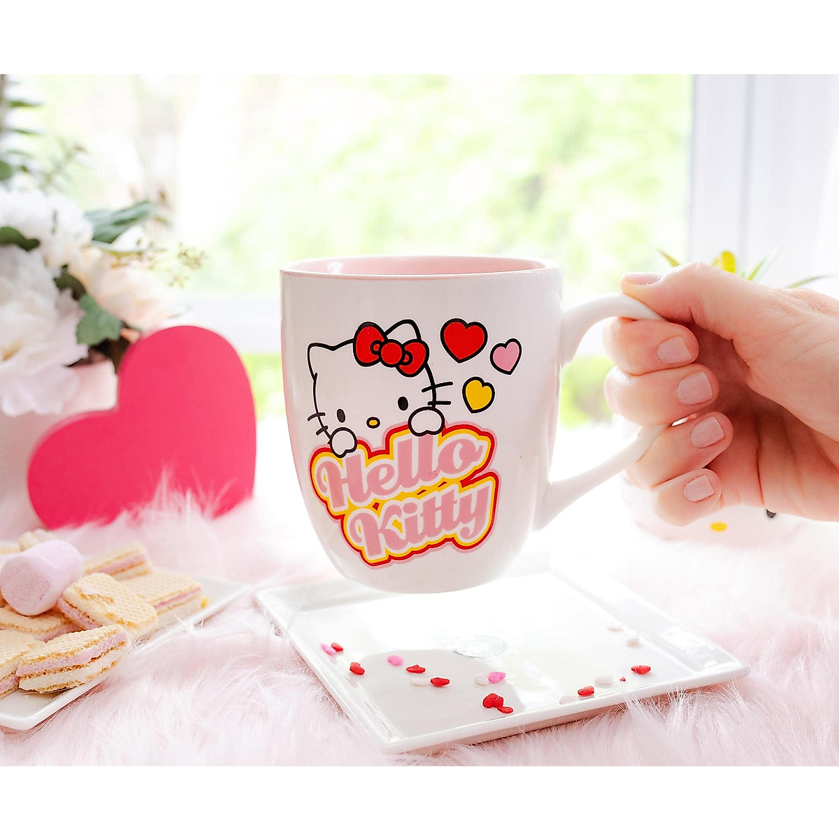 Silver Buffalo Sanrio Hello Kitty Hearts Ceramic Mug | Holds 18 Ounces
