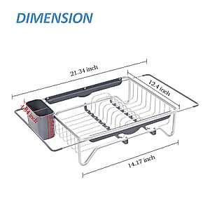 TOOLF Expandable Dish Rack, Aluminum Over The Sink Rack Adjustable Dish Rack in Sink Or On Counter Dish Drainer with Utensil Holder Rustproof for Kitchen