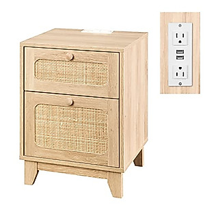 Modern Wicker Rattan Nightstand Set of 2,Rattan Stand with Drawer and Charge Station, Wooden Side Table for Small Spaces, Natural Wood BedsideTable for Bedroom,Easy Assembly(with Charging Station,2)